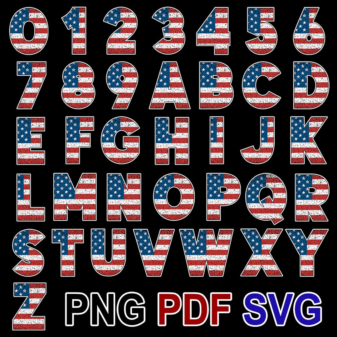 Retro AMERICAN FLAG Alphabet and Numbers PNG, Vintage Usa Flag Font Svg ...