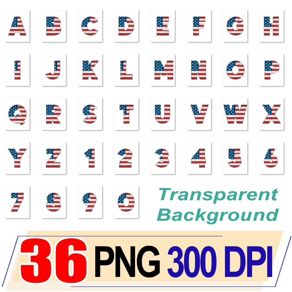Set 1 AMERICAN FLAG Alphabet and Numbers PNG, Usa Alphabet Png, Usa ...