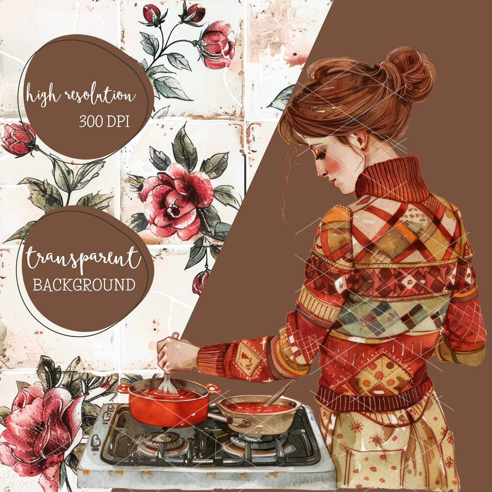 Farmhouse Kitchen Clipart, Red Plaid Cooking Tools PNG, Rustic Country ...