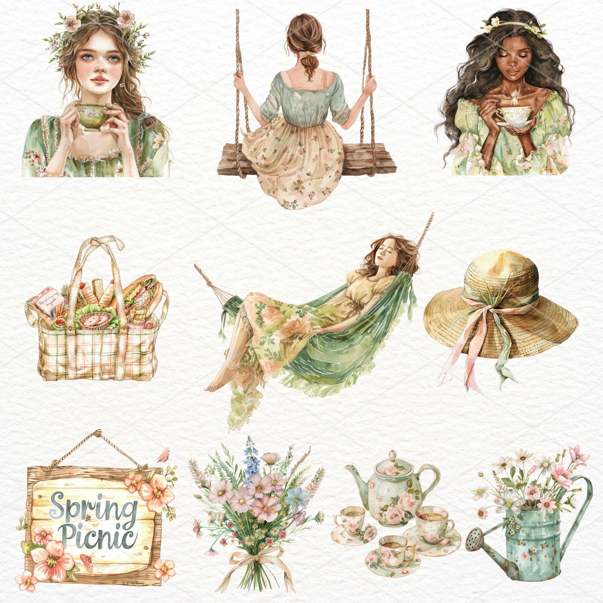 Watercolor Spring Picnic Clipart, Spring Illustration, Cottagecore ...