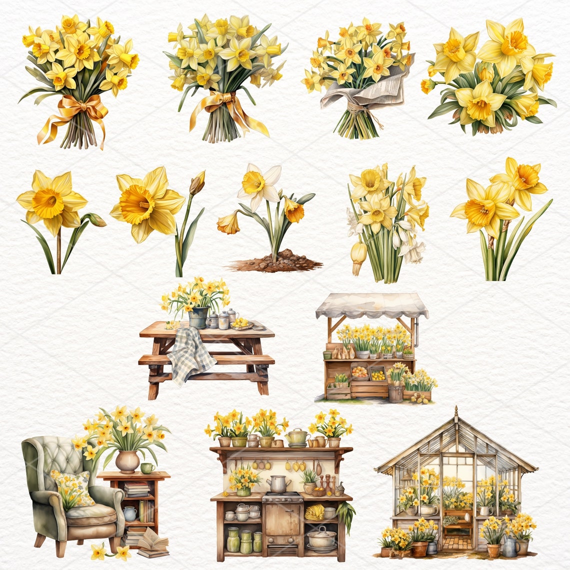Spring Daffodil Flowers Watercolor Clipart Bundle, Floral PNG Clipart ...