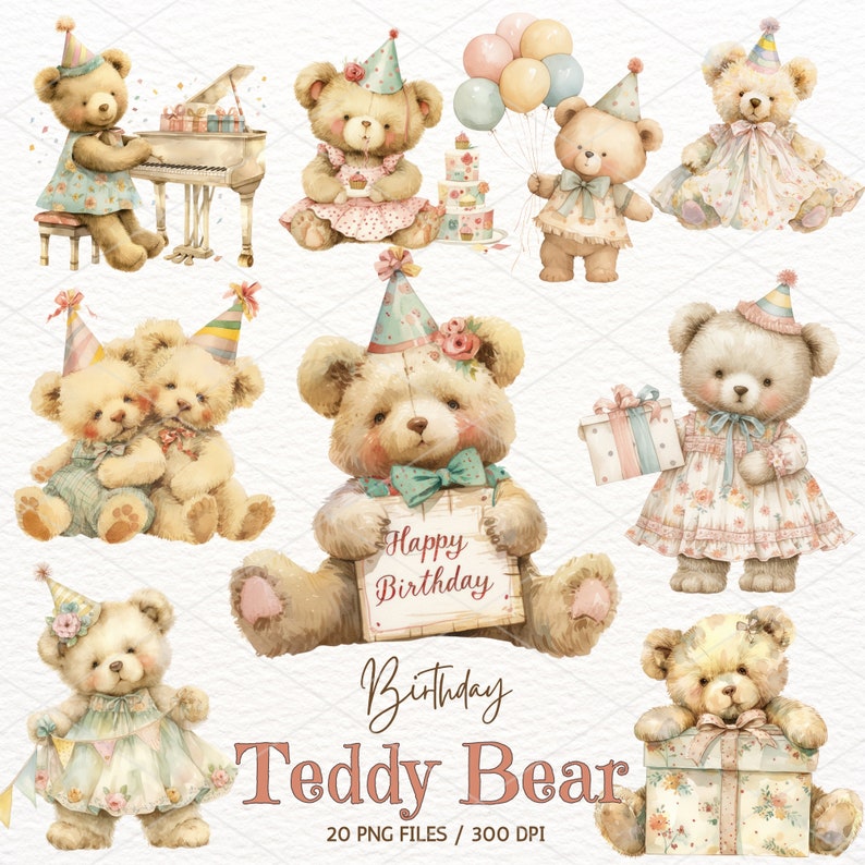 Birthday Teddy Bear Watercolor Clipart, Birthday Bears, Cute Teddy Bear ...
