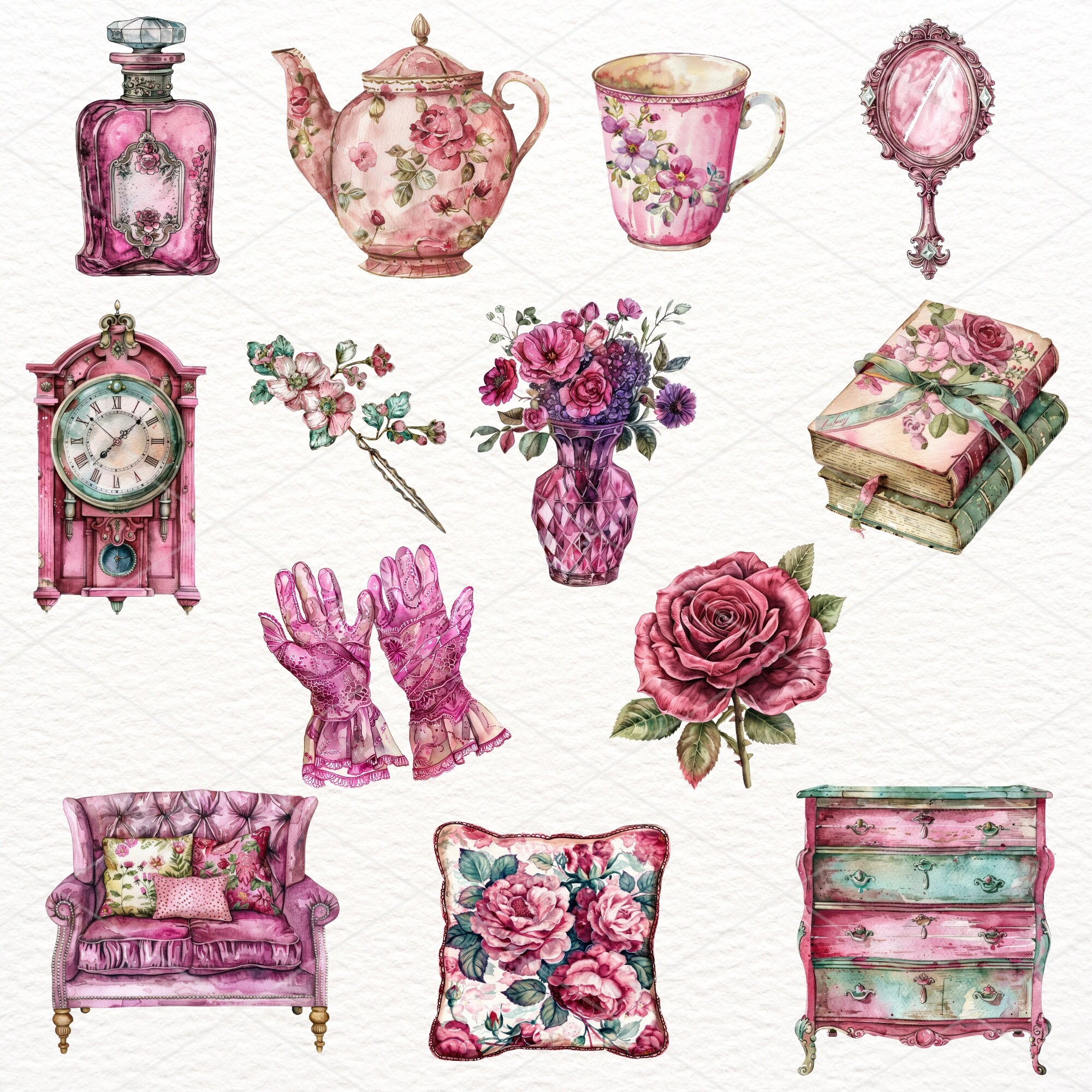 Watercolor Vintage Chic Clipart, Antique Clipart, Vintage Items ...