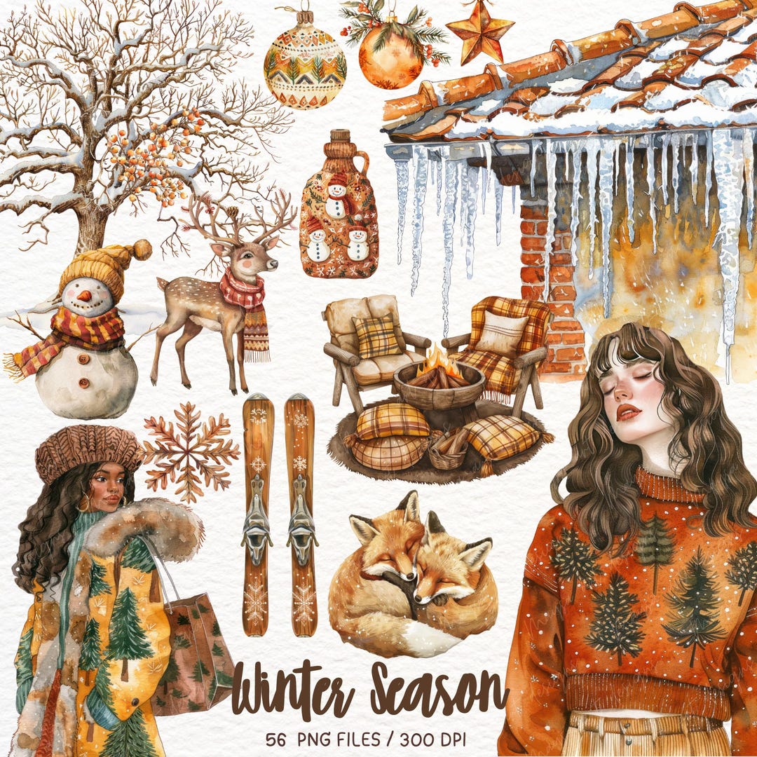Watercolor Winter Clipart: Cozy Holiday PNG Stickers (digital Download ...