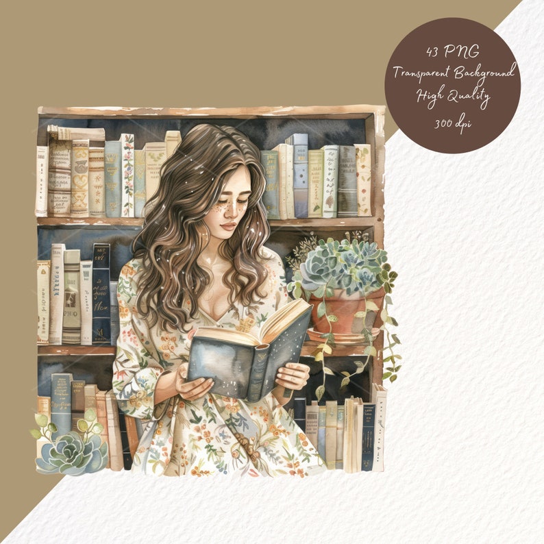 Watercolor Library Clipart, Book Lover, Reading, Vintage Books Clipart ...