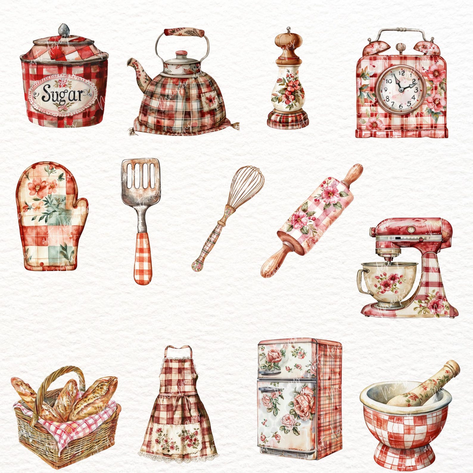 Farmhouse Kitchen Clipart, Red Plaid Cooking Tools PNG, Rustic Country ...
