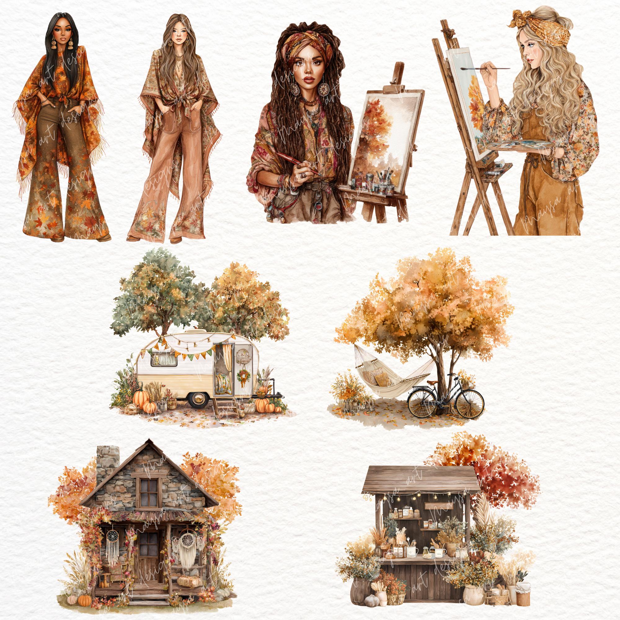 Boho Fall Clipart Set: Watercolor Autumn PNG Graphics (digital Download ...