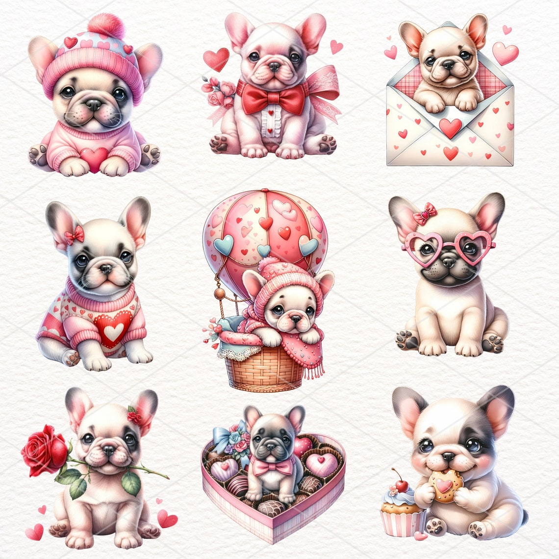 Valentine's Day Animal, Watercolor Clipart, French Bulldog, Valentine's ...