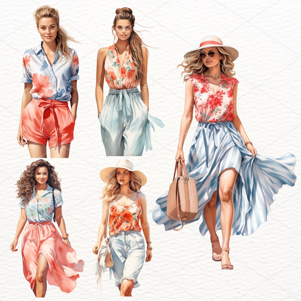 Watercolor Summer Fashion Girls Clipart: PNG Graphics (digital Download ...