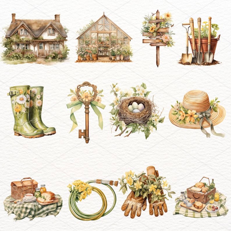 Rustic Spring Watercolor Clipart, Cottagecore Clip Art PNG, Spring ...
