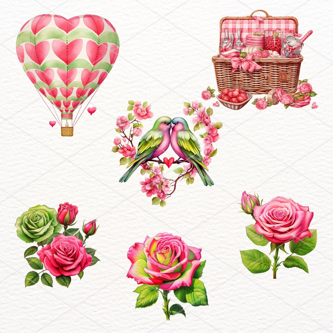 Watercolor Retro Valentine Clipart: 35 PNG Romantic Clip Art (digital ...