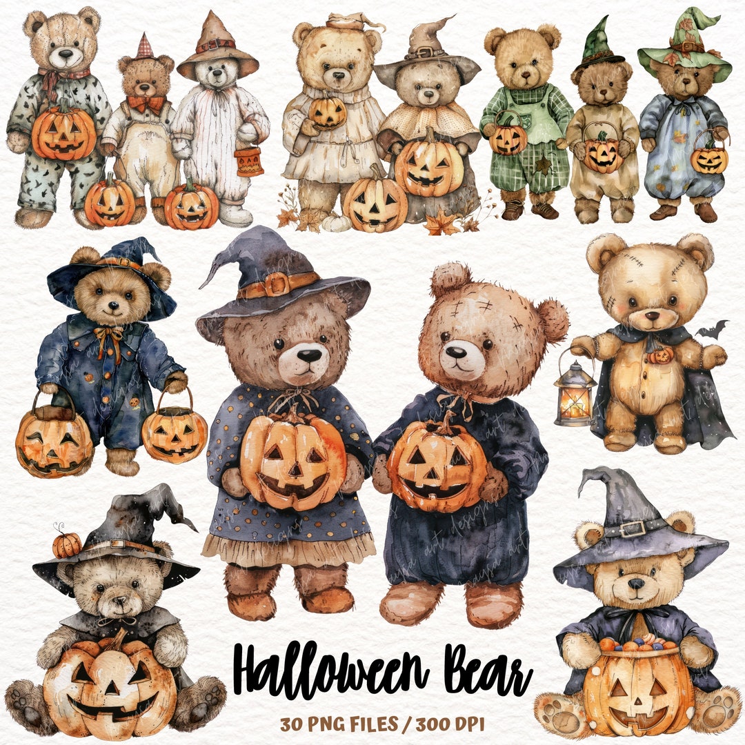 Watercolor Halloween Bear Clipart, Teddy Bear PNG, Cute Animals ...