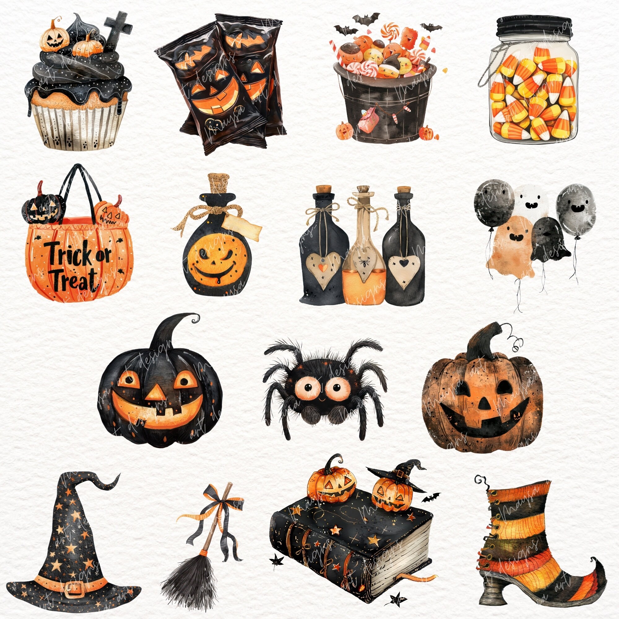 Watercolor Cute Halloween Clipart, Spooky PNG, Black Cat Trick or Treat ...