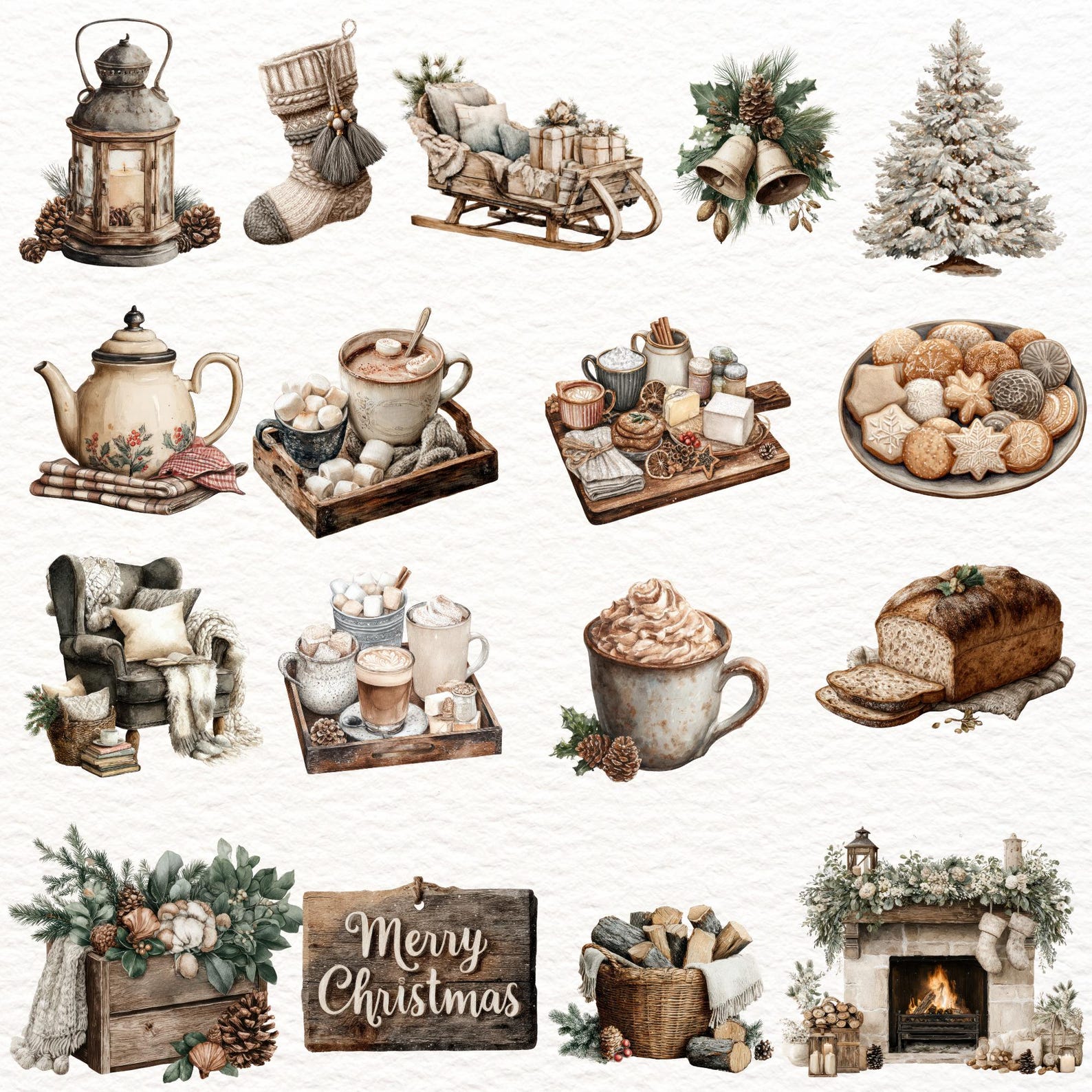 Watercolor Farmhouse Christmas Clipart: Rustic Winter PNG (digital ...