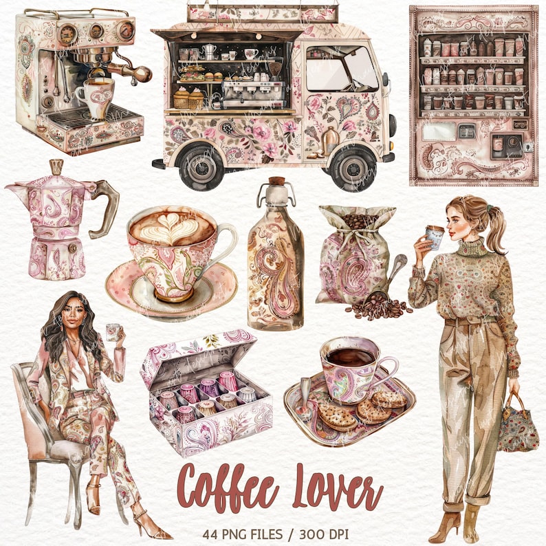 Watercolor Coffee Lover Clipart, Coffee PNG, Coffee Shop, Retro Coffee ...