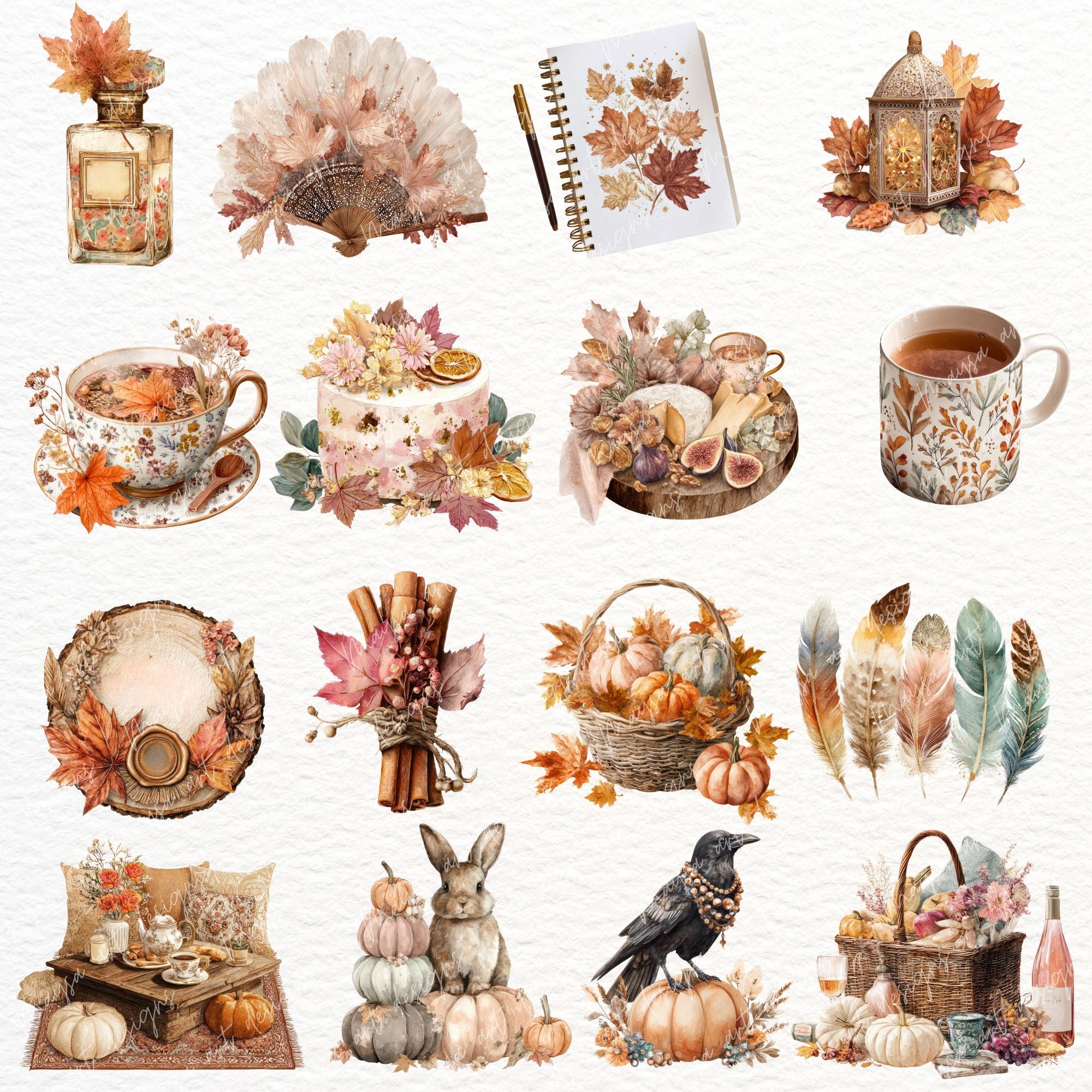 Boho Fall Clipart Set: Watercolor Autumn PNG Graphics (digital Download ...