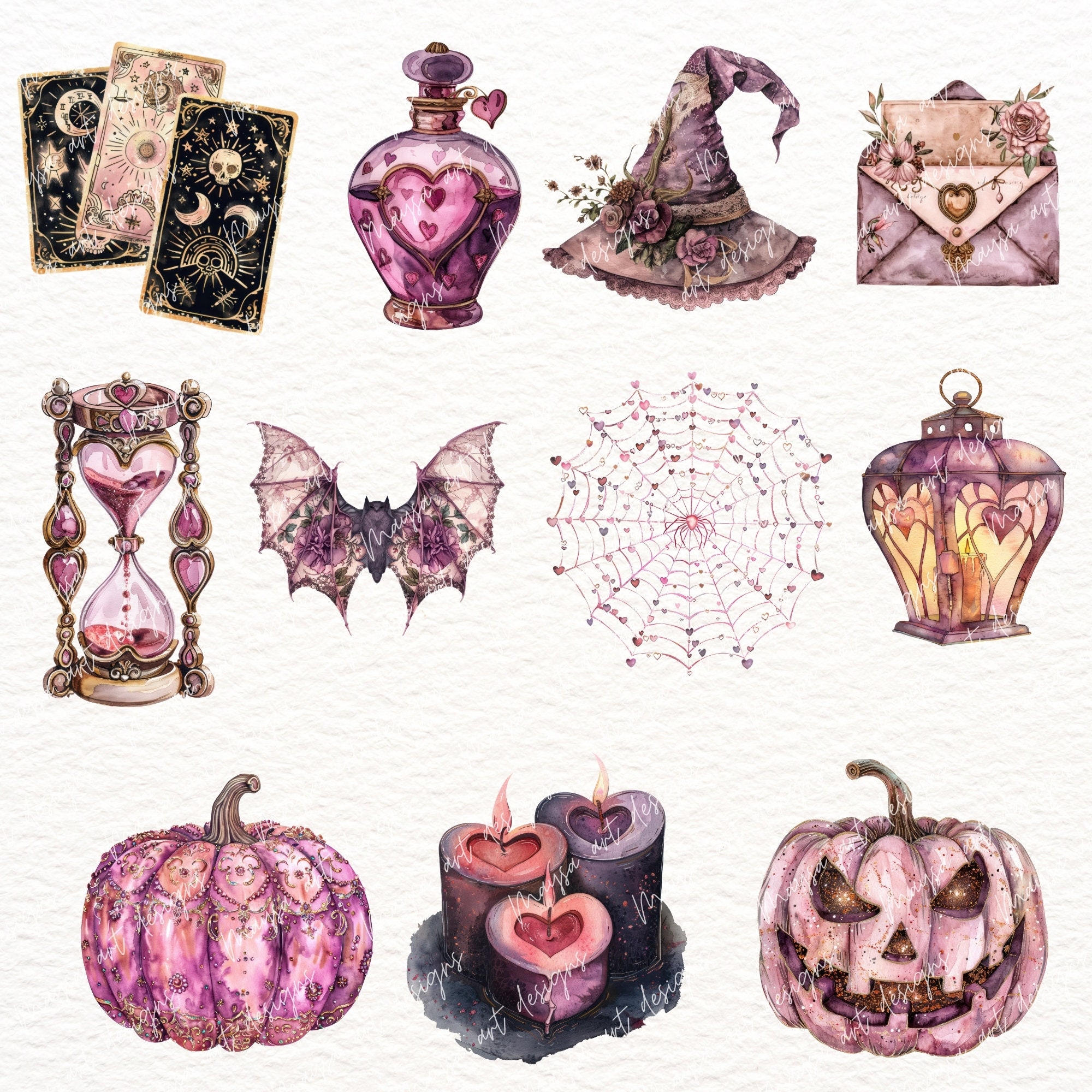 Watercolor Halloween Clipart: Witch, Skull, Pumpkin PNG (digital ...