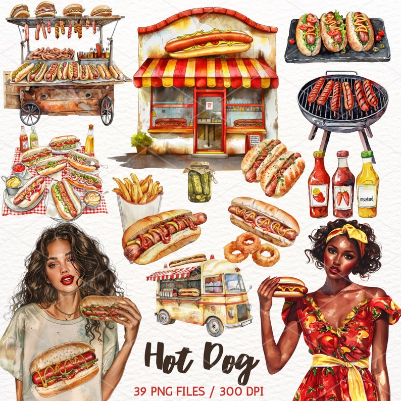 Watercolor Hot Dog Clipart, Hot Dog PNG Fast Food Clipart, Summer Food ...