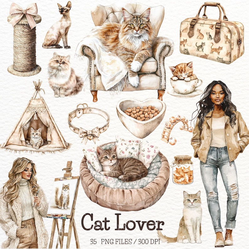 Watercolor Cat Lover Clipart, Cat Breeds, Cat PNG, Kitten Clipart, Cute ...