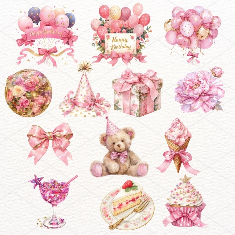 Watercolor Pink Birthday Clipart, Birthday Party, Happy Birthday ...