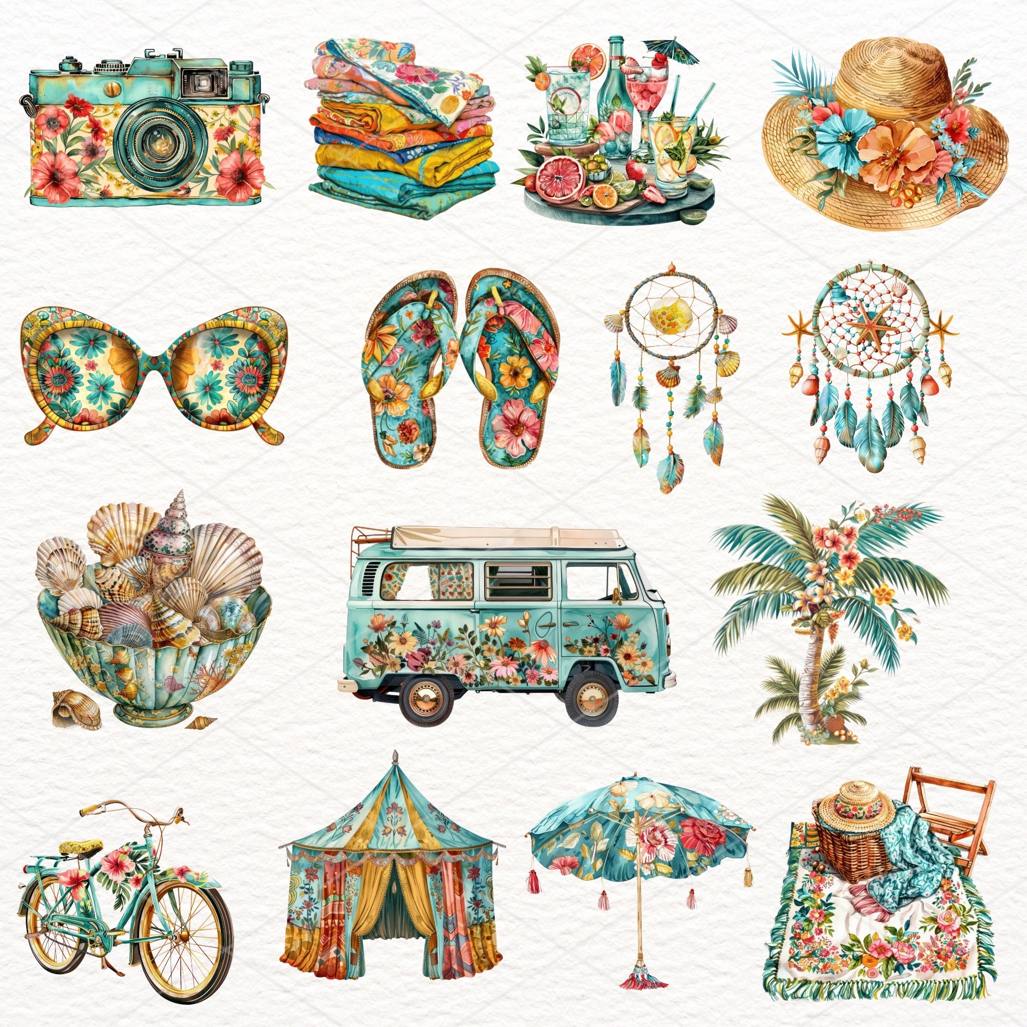 Watercolor Summer Boho Clipart, Summer Graphics Cottagecore PNG, Boho ...