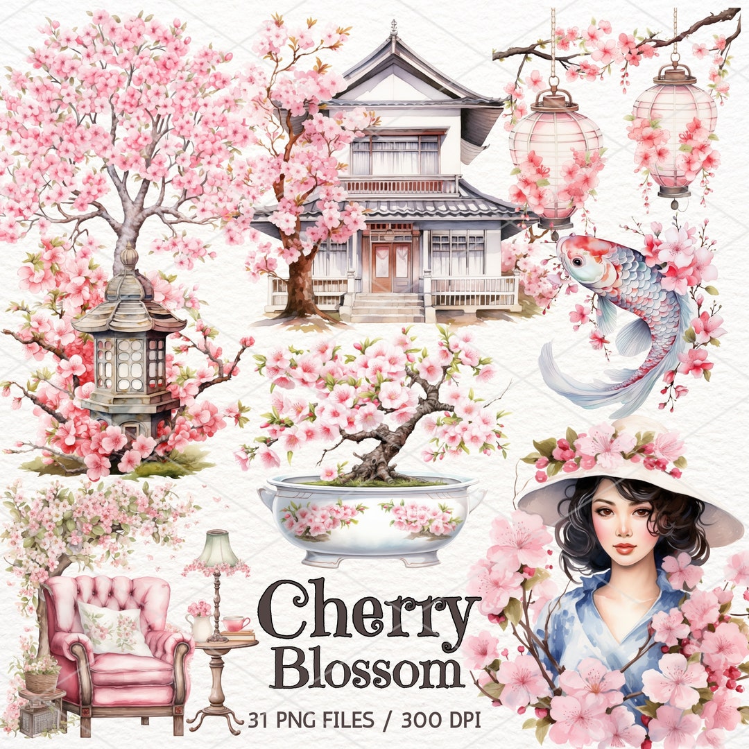 Watercolor Cherry Blossom Clipart: Japanese Sakura PNG (digital ...