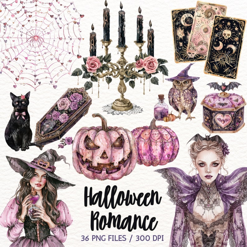 Watercolor Halloween Clipart, Romantic Halloween, Witch PNG, Skull With ...