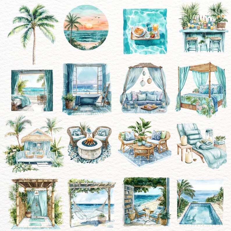 Watercolor Beach Day Clipart: Summer Holiday PNG Stickers (digital ...