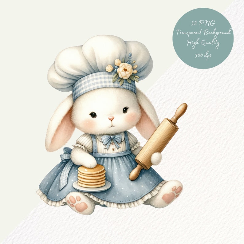 Bunny Chef Watercolor Clipart, Cute Bunny Clipart, Cute Rabbit PNG ...