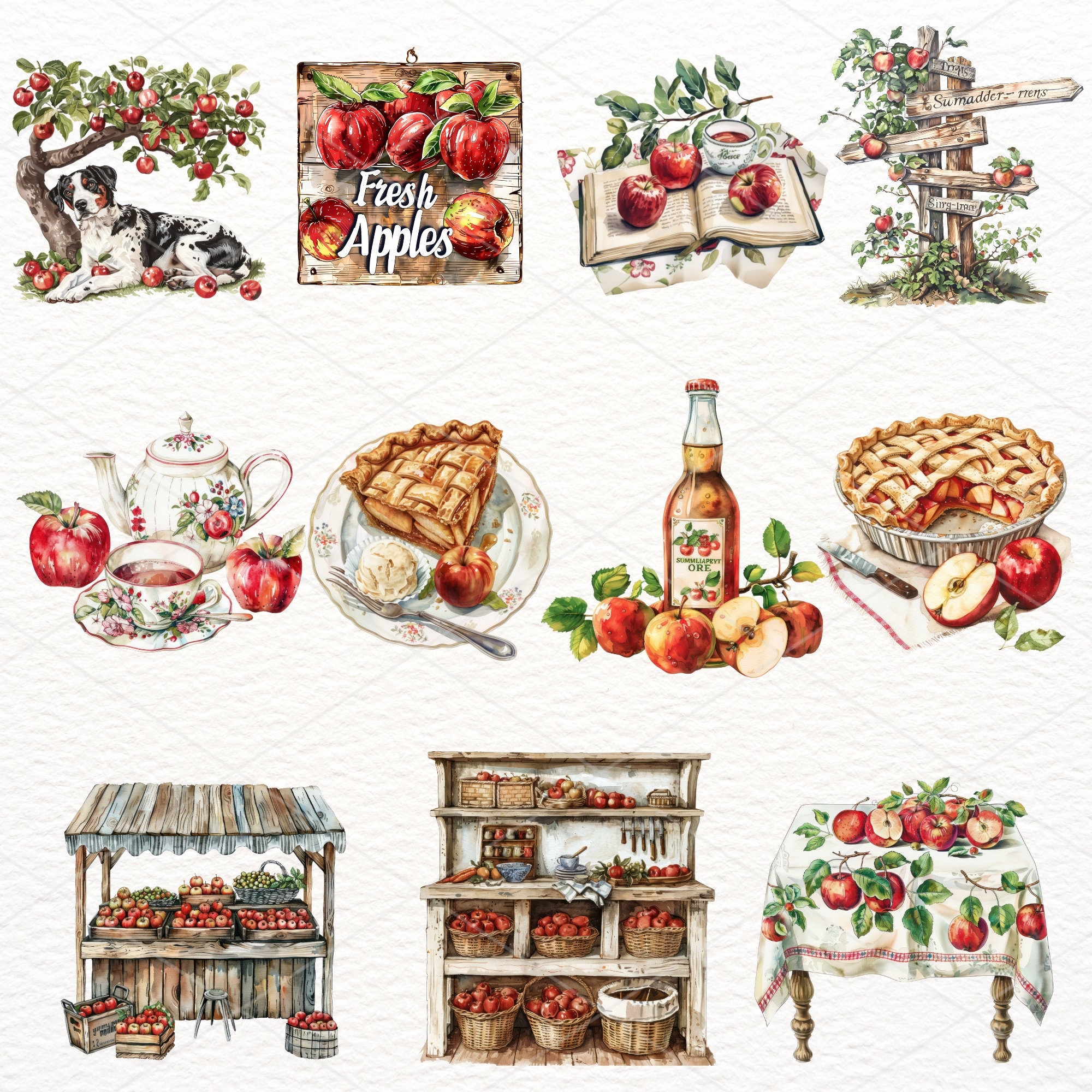 Watercolor Apple Farm Clipart: Summer Fruits Graphics (instant Download ...