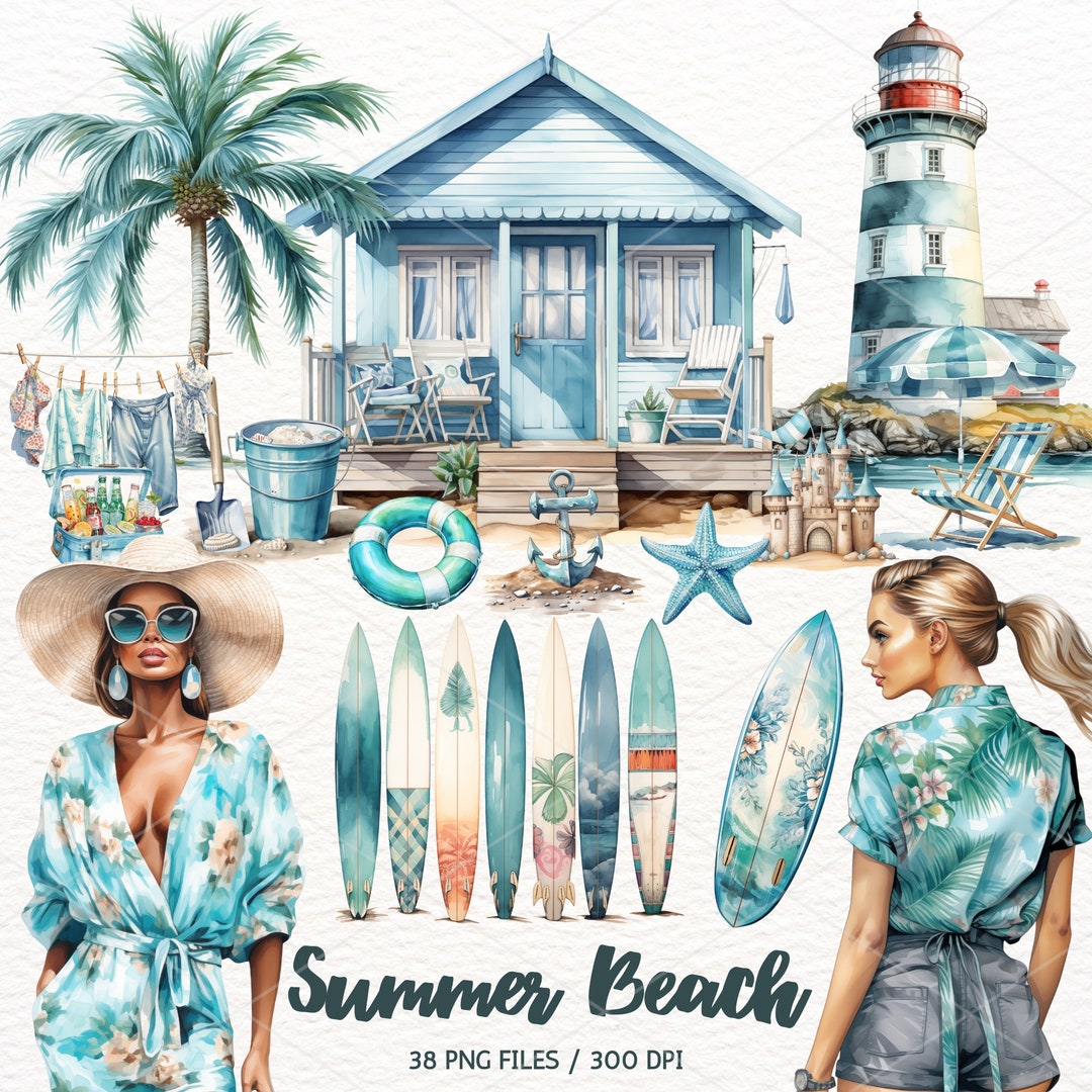 Summer Beach Watercolor Clipart: Vacation PNG Graphics (digital ...
