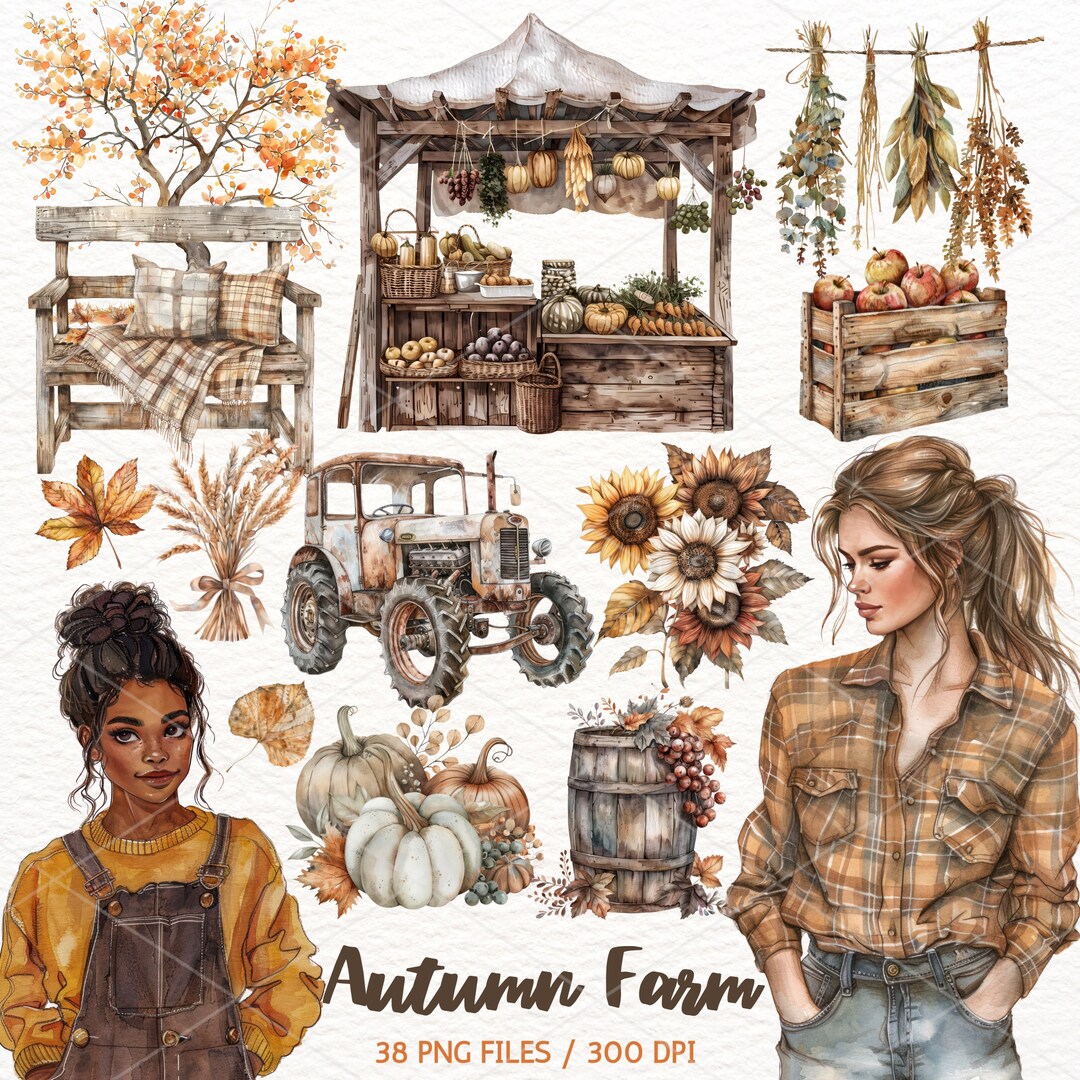Watercolor Autumn Farm Clipart: Fall Harvest PNG Stickers (digital ...