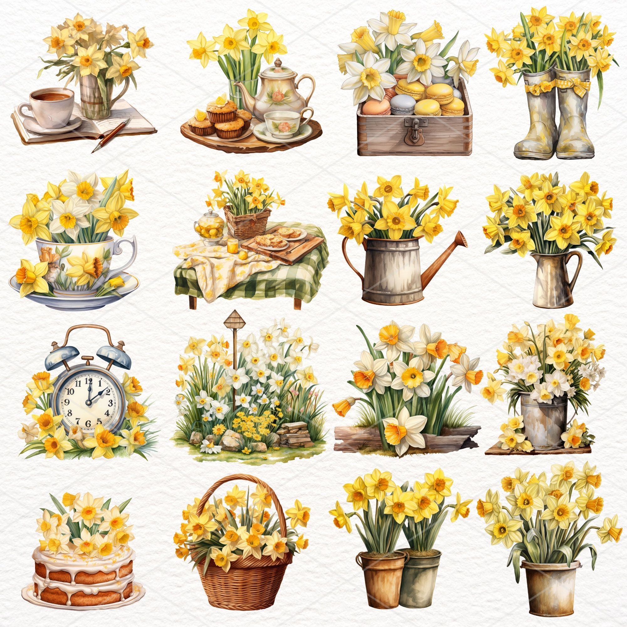 Spring Daffodil Flowers Watercolor Clipart Bundle, Floral PNG Clipart ...