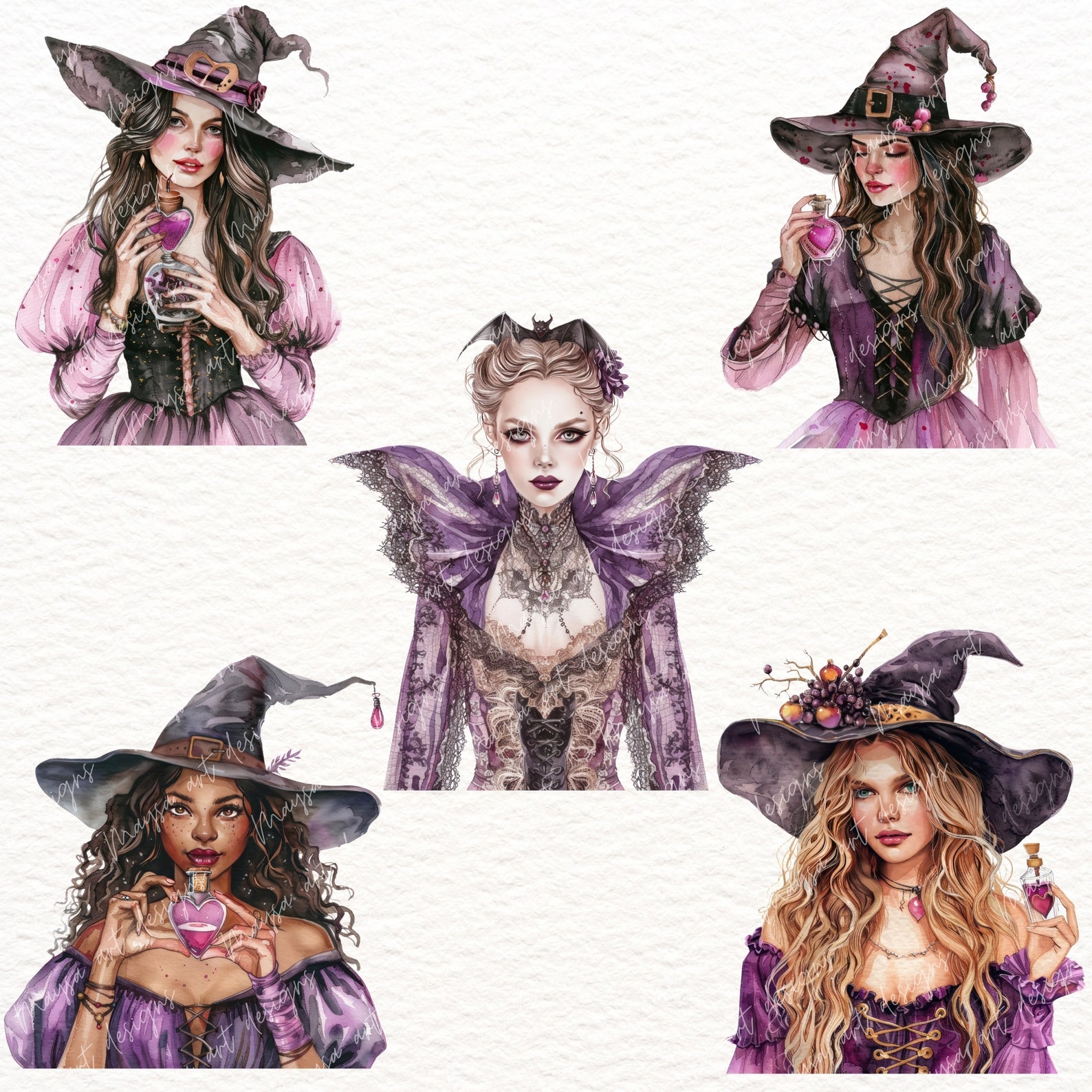 Watercolor Halloween Clipart: Witch, Skull, Pumpkin PNG (digital ...