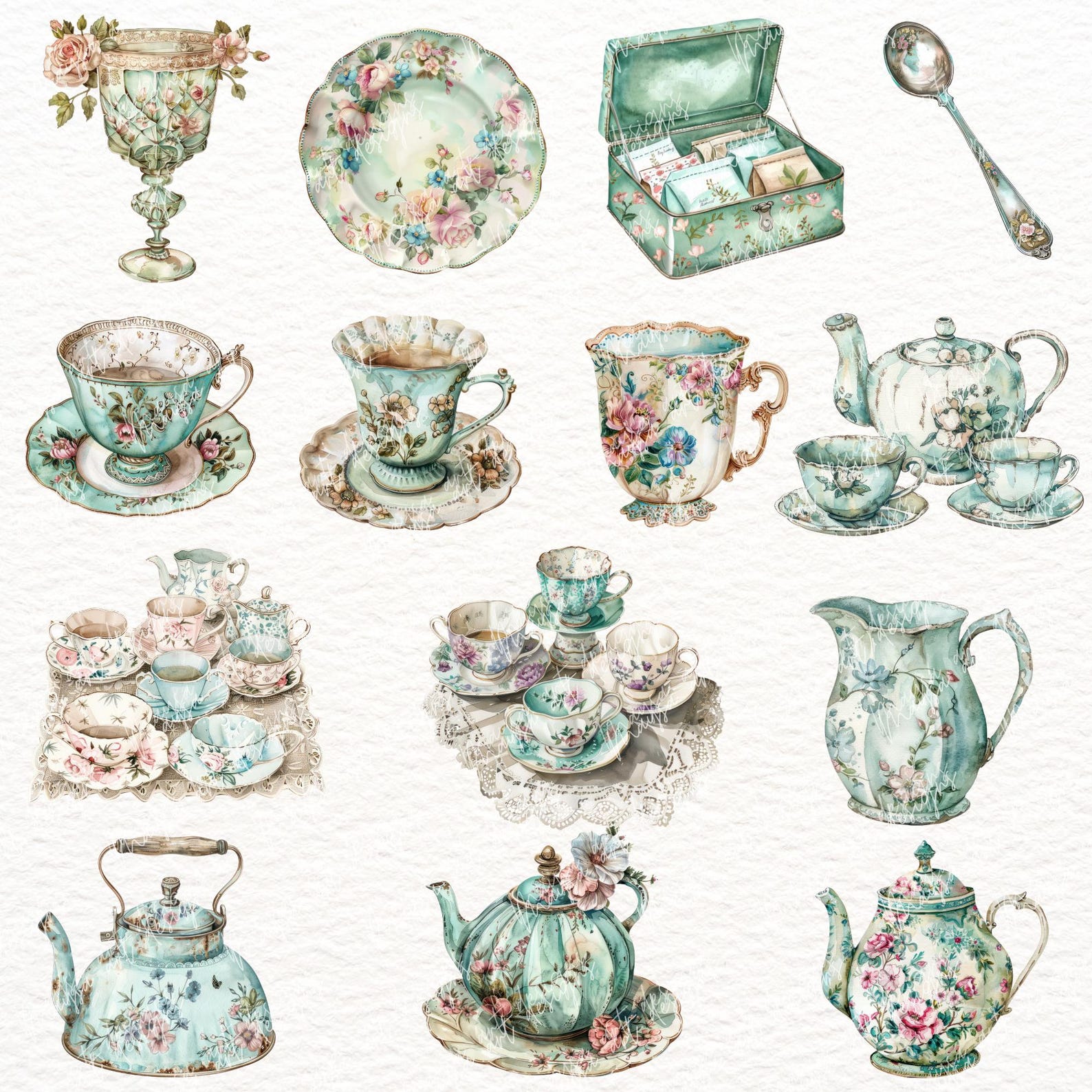 Watercolor Vintage Tea Party Clipart, Elegant Teacup, Teapot, Tea ...