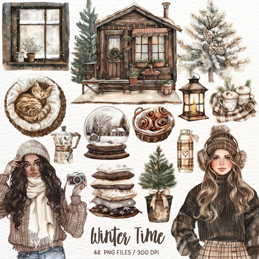 Watercolor Winter Clipart, Cozy Winter, Rustic Winter PNG, Snowy ...