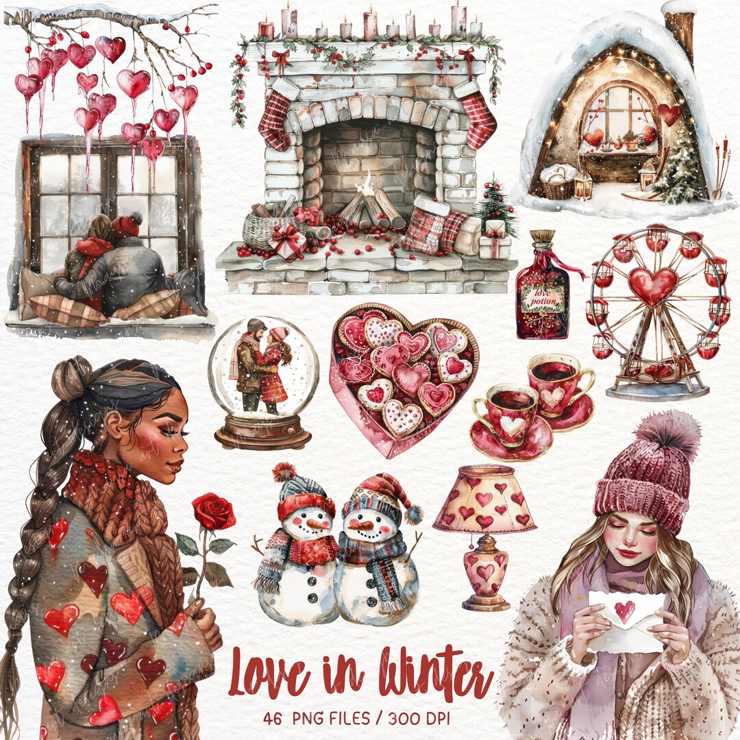Watercolor Love in Winter Clipart, Cozy Winter Holiday, Romantic Winter ...