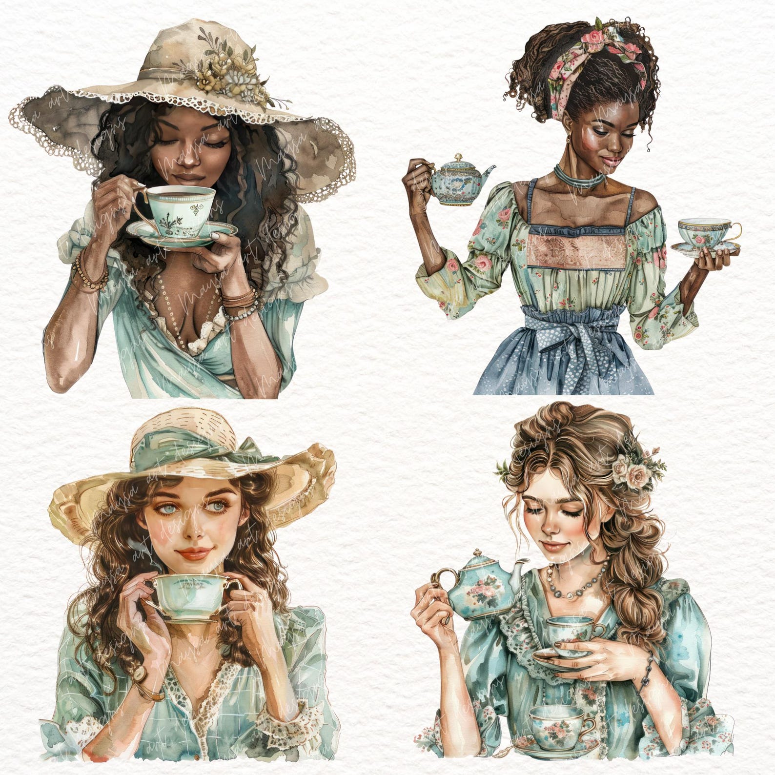 Watercolor Vintage Tea Party Clipart, Elegant Teacup, Teapot, Tea ...