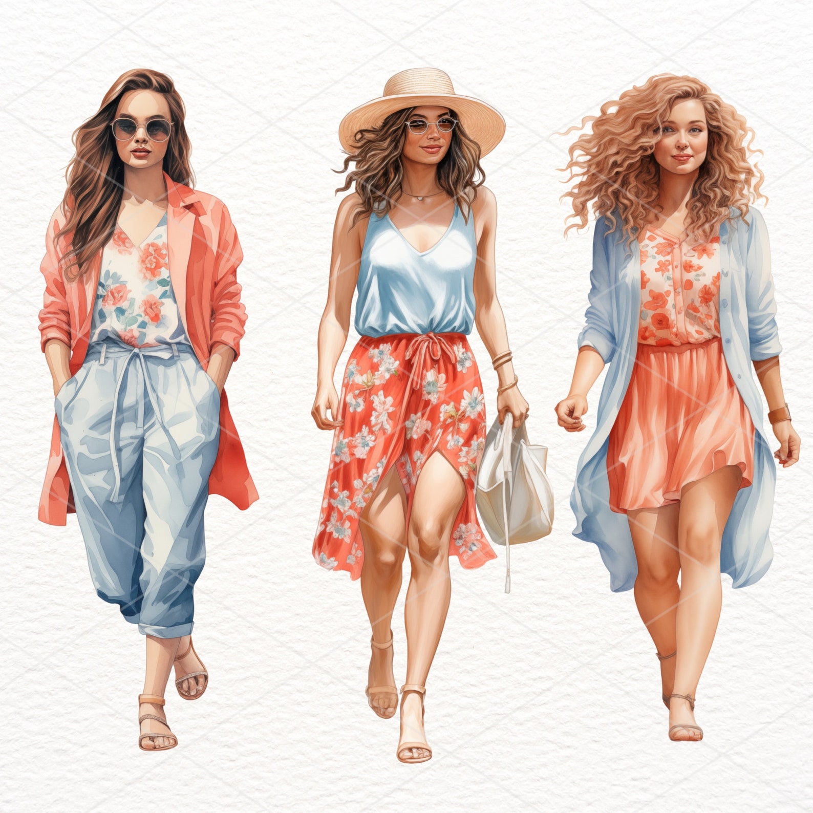 Watercolor Summer Fashion Girls Clipart: PNG Graphics (digital Download ...