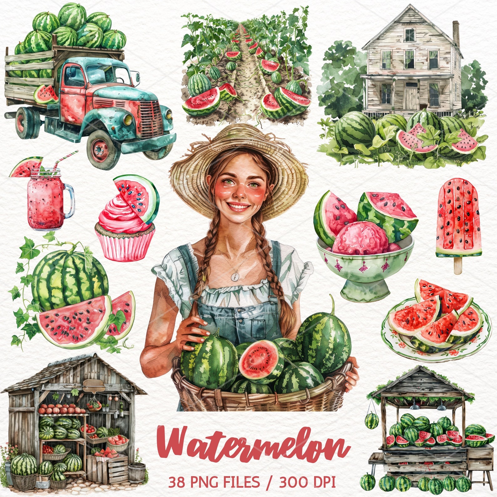 Watercolor Watermelon Clipart: Summer Graphics, Scrapbooking (PNG ...