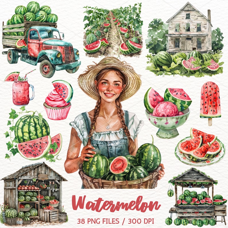 Watercolor Watermelon Clipart, Summer Graphics, Watercolor Girl, Spring ...