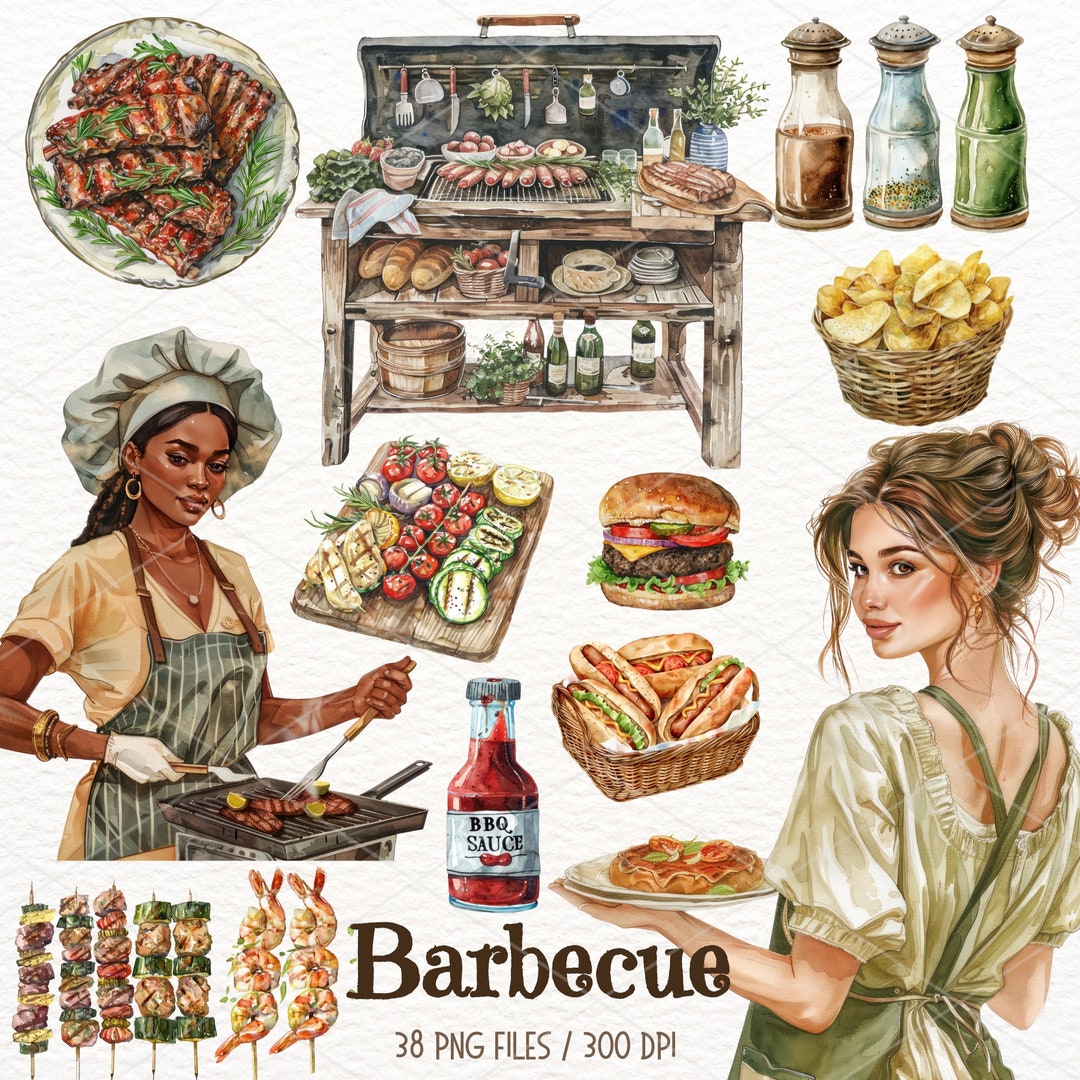 Watercolor Barbecue Clipart, BBQ PNG, Summer Graphics, Food Steak ...