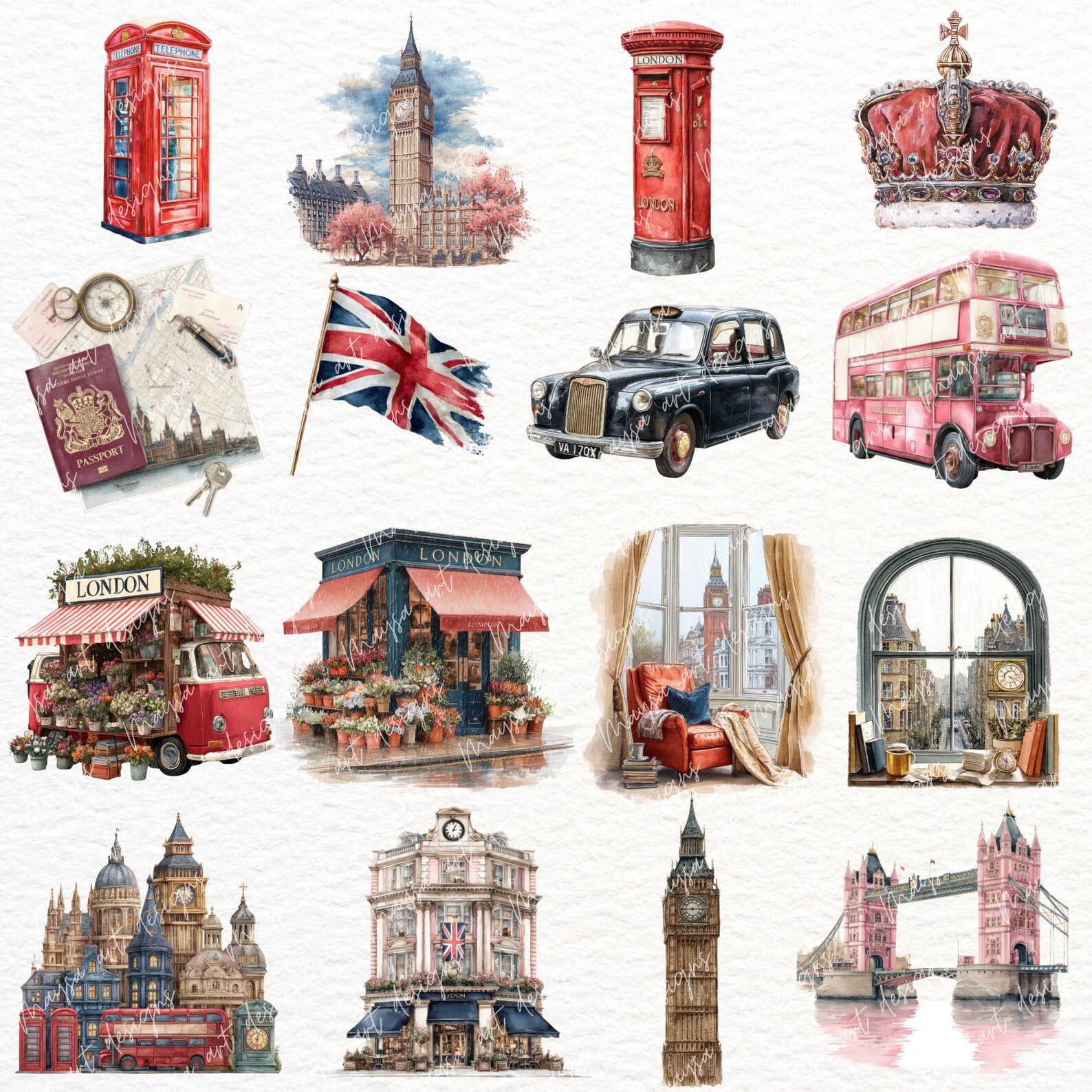 London Watercolor Clipart | British Travel Illustrations | London ...