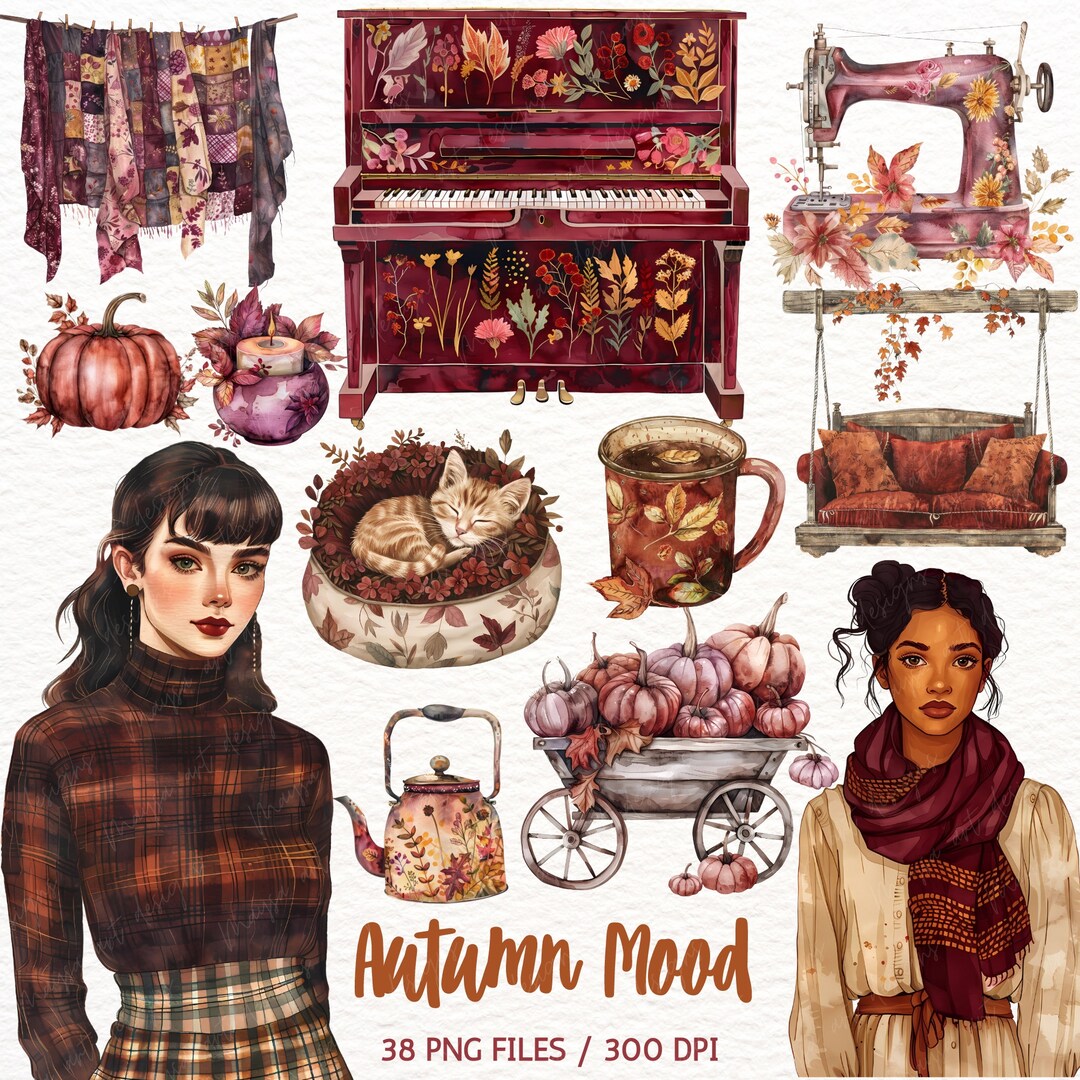 Watercolor Autumn Mood Clipart, Cozy Fall Clipart PNG, Cottagecore ...