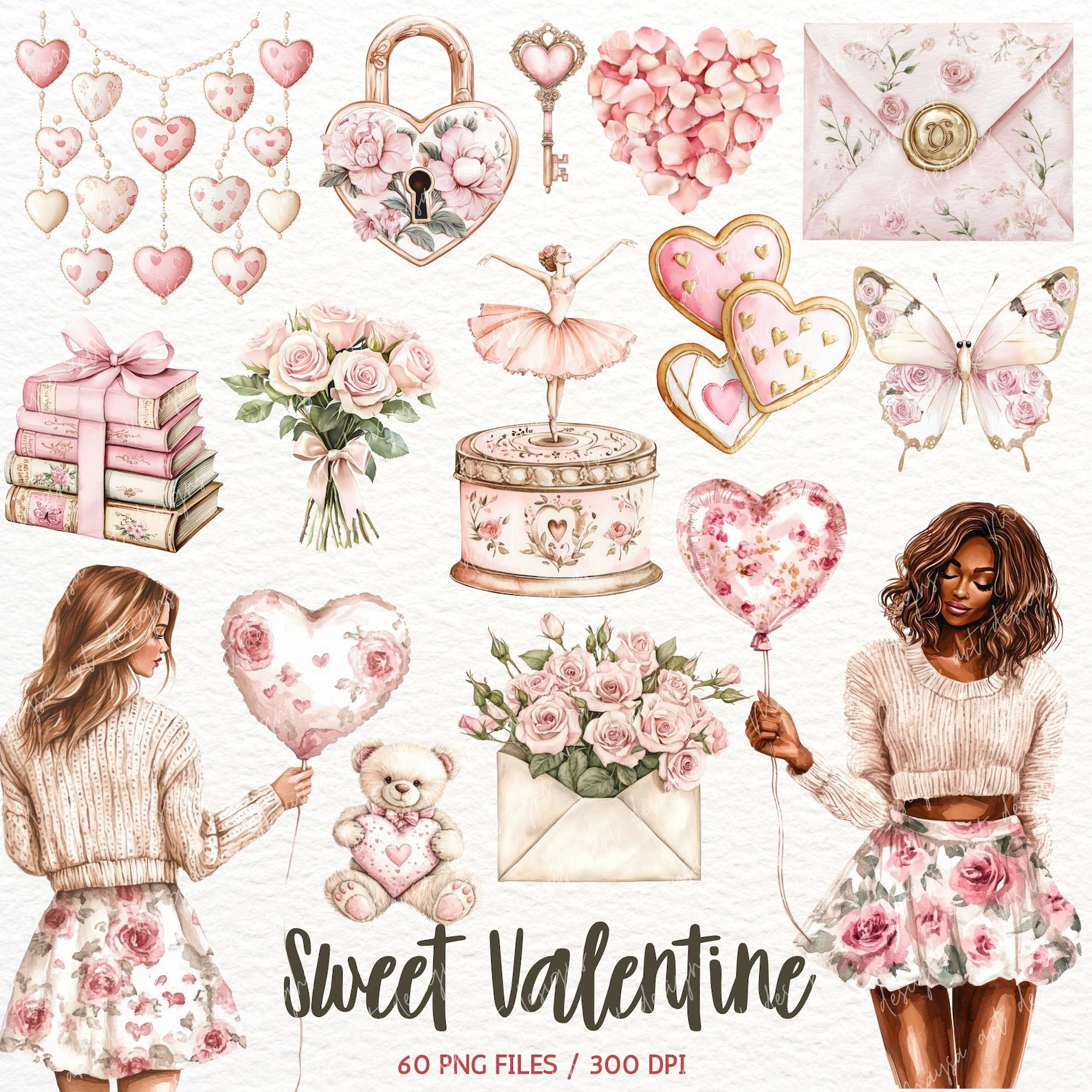 Watercolor Sweet Valentine Clipart, Valentines PNG Romantic Clip Art ...