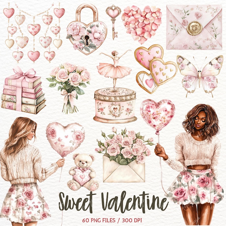 Watercolor Sweet Valentine Clipart, Valentines PNG Romantic Clip Art ...