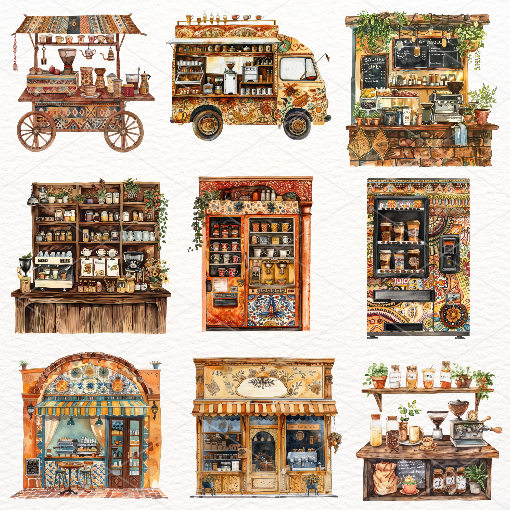 Watercolor Boho Coffee Clipart: Coffee Shop PNG Stickers (commercial ...