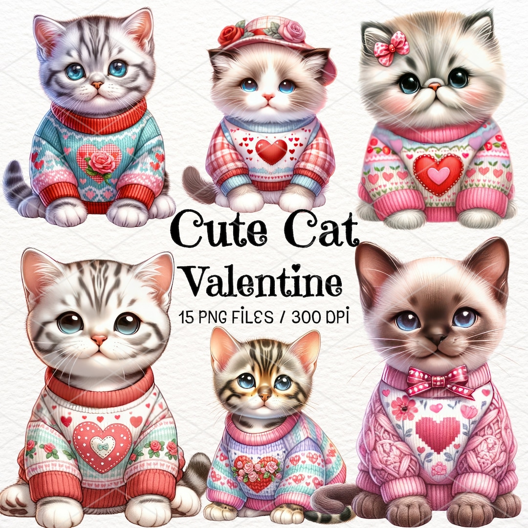 Watercolor Cute Cat Valentine Clipart, Valentines Day Clipart, Cat PNG ...