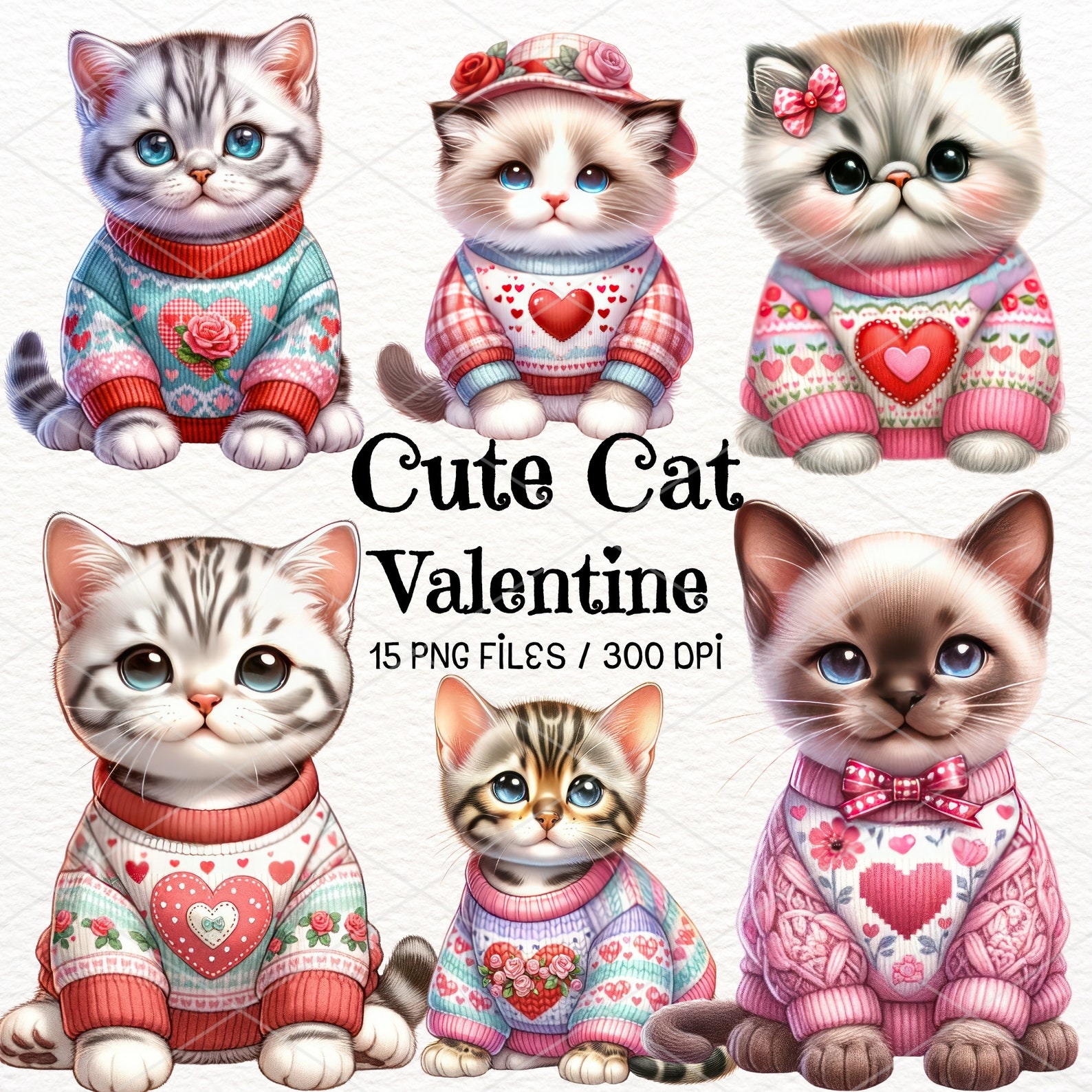 Watercolor Cute Cat Valentine Clipart, Valentines Day Clipart, Cat PNG ...