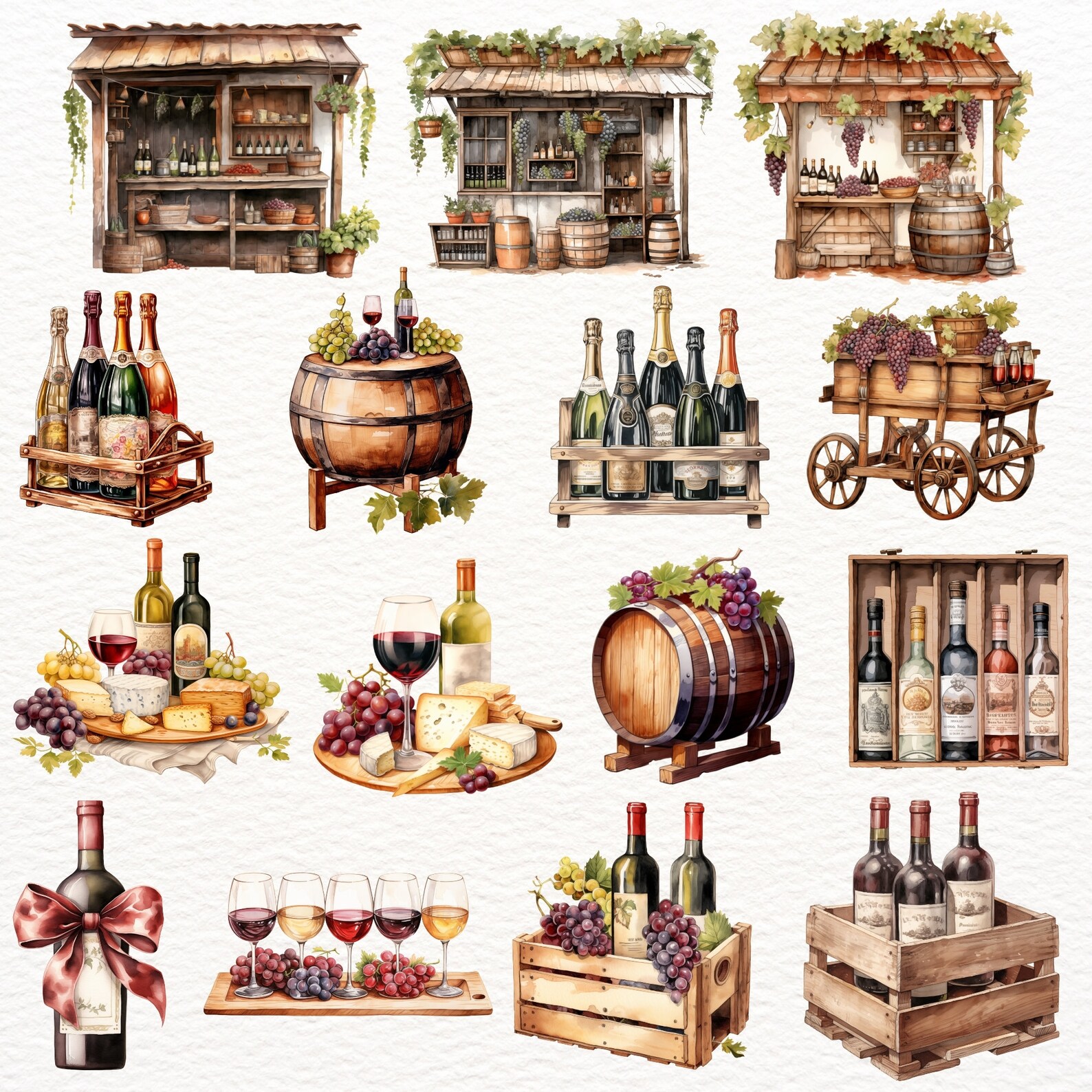 Watercolor Wine Clipart, Wine Barrel, Digital PNG Wine Grapes, Red Wine ...